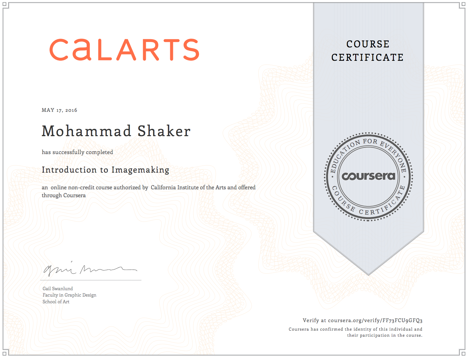 Introduction to Imagemaking – Finished with 100%! – Mohammad Shaker